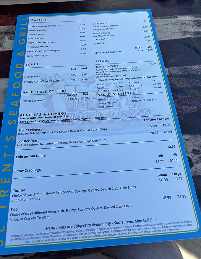 A treasure map of oceanic delights, from oysters to grouper, each promising a voyage of flavor.