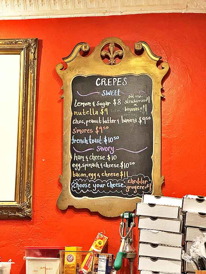 When your menu board looks this inviting, choosing between sweet and savory crepes becomes the best kind of problem to have.