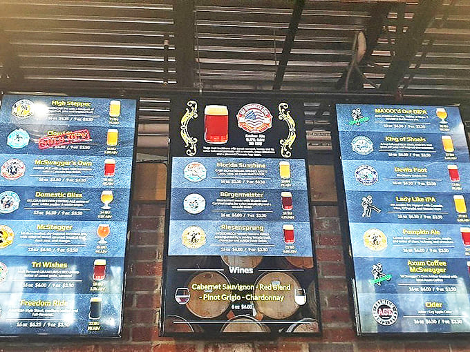 Decision paralysis never tasted so good! The colorful beer menu board showcases Crooked Can's impressive lineup of house-brewed specialties.