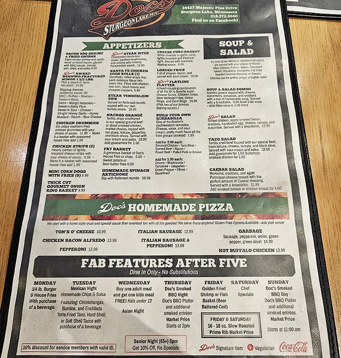 This menu is your roadmap to happiness, featuring everything from legendary smoked brisket to homemade pizza and daily specials worth planning your week around.