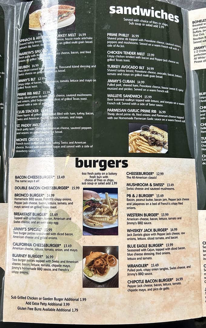 This menu reads like a love letter to American comfort food, with enough burger varieties to require multiple visits for proper research.