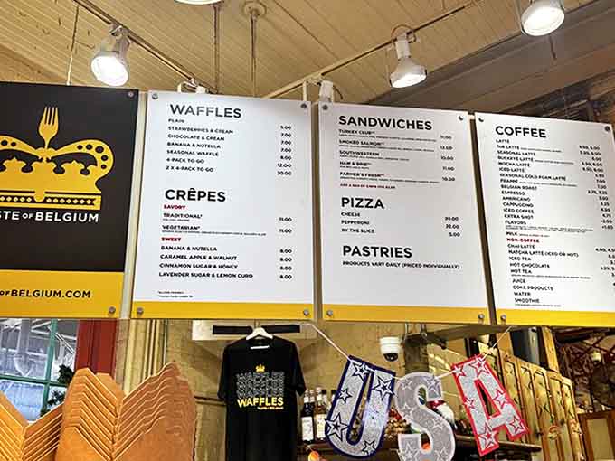 The menu board tempts with Belgian classics &ndash; those waffles aren't just breakfast, they're an anytime indulgence!
