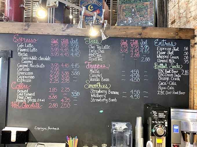 The chalkboard menu reads like a love letter to coffee enthusiasts &ndash; from simple espressos to indulgent caramel concoctions that taste like childhood memories.