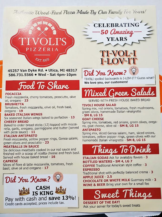 Menu: A treasure map of Italian delights, Tivoli's menu celebrates their 50-year legacy with classics like focaccia and bruschetta alongside their legendary wood-fired pizzas.
