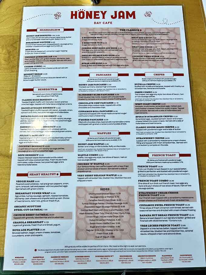 Menu: A treasure map of morning possibilities, each description teasing taste buds with promises of pancakes, benedicts, and breakfast bliss.