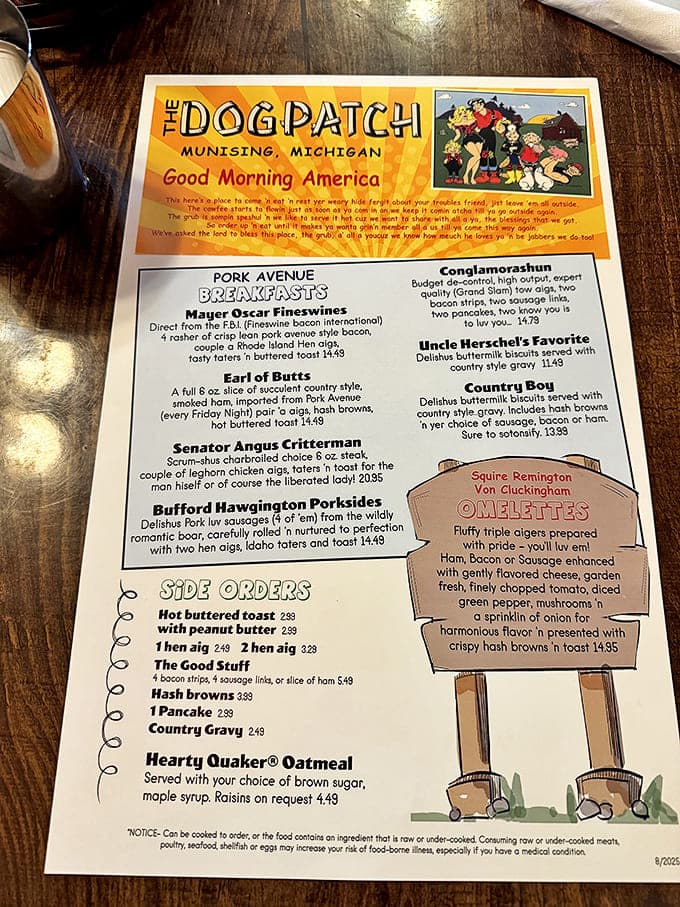 The playfully named breakfast items like "Earl of Butts" and "Mayer Oscar Fineswiners" prove that serious food doesn't have to take itself too seriously.