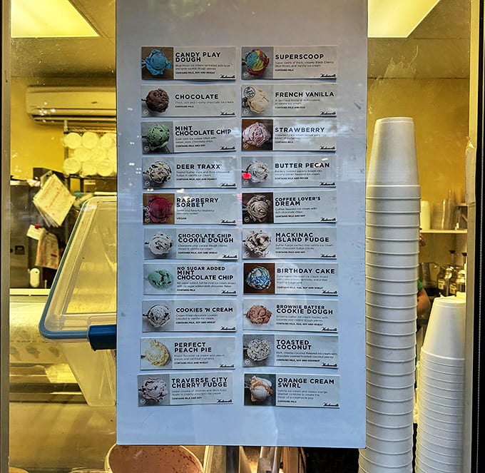 Menu: A treasure map of frozen possibilities. Each flavor name whispers sweet promises that make decision-making deliciously difficult.