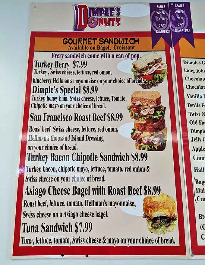 The sandwich menu showcases creative combinations like the Turkey Berry and Dimple's Special &ndash; each a masterpiece of morning flavors.
