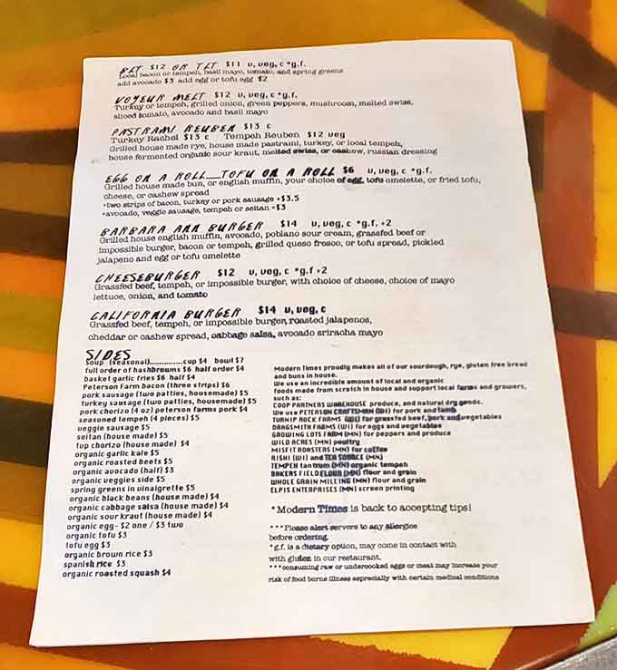 The menu offers enough variety to satisfy everyone from dedicated carnivores to committed vegans, all on one cheerful sheet.