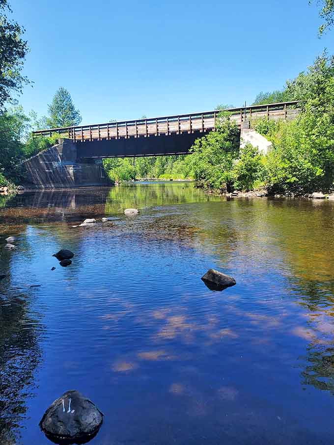 The bridge over the water creates a frame worthy of a postcard, proving that infrastructure can be beautiful when nature's involved.