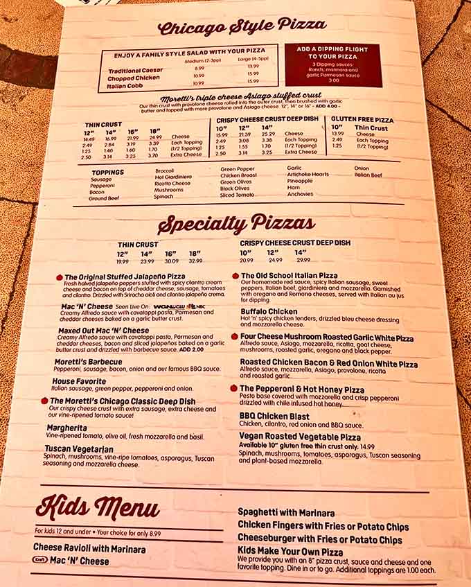 The menu reads like a love letter to Chicago-style pizza, with enough variety to keep you coming back weekly.