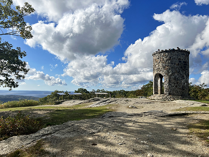 The historic stone tower atop Mount Battie stands like a sentinel, guarding some of Maine's most jaw-dropping coastal views.