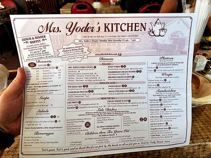 The menu at Mrs. Yoder's Kitchen reads like a love letter to comfort food classics, with options that'll make your stomach growl.