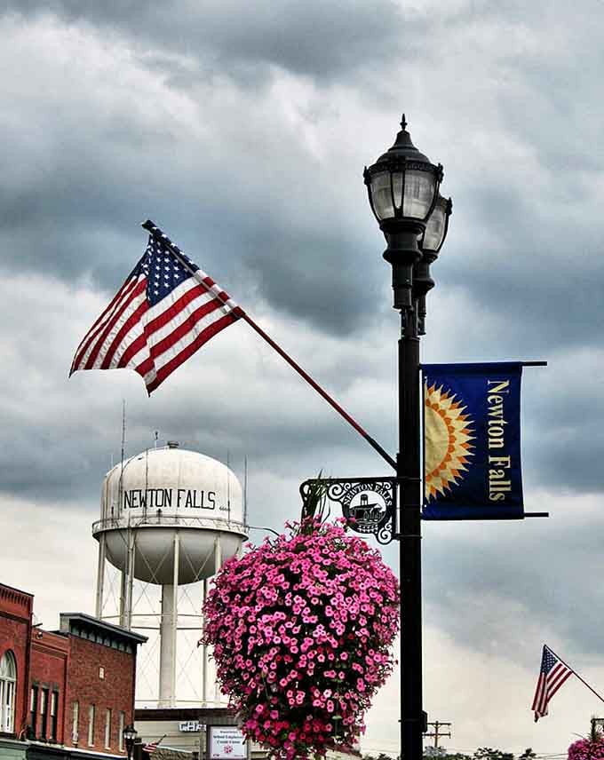 Vintage lampposts and patriotic banners create that quintessential small-town atmosphere that makes Newton Falls feel like coming home.