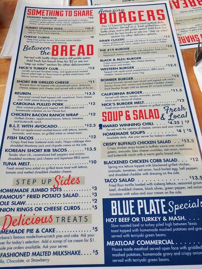 This menu reads like a love letter to American comfort food, offering everything from loaded nachos to award-winning chili.