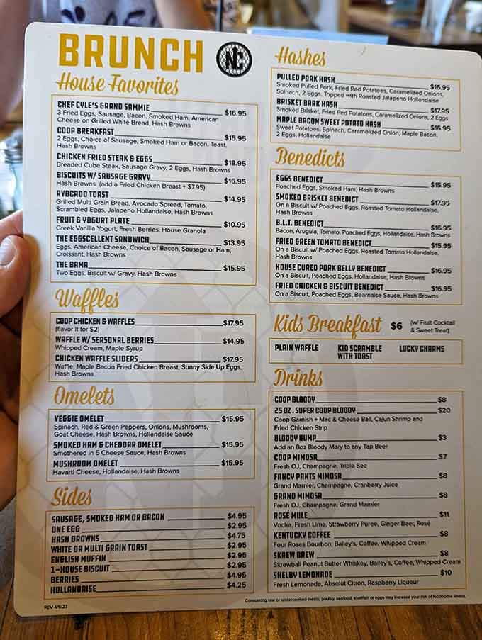 This menu is your roadmap to breakfast bliss, featuring everything from benedicts to that legendary chicken and waffles combination that keeps people coming back.