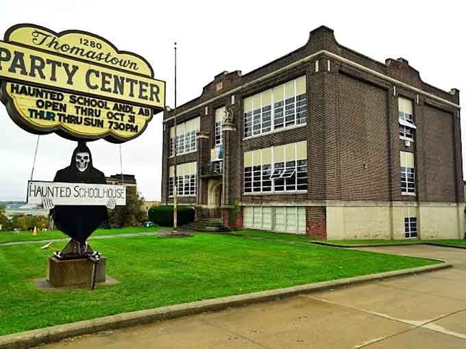 The Thomastown Party Center sign beckons visitors with promises of frights that will linger long after Halloween ends.