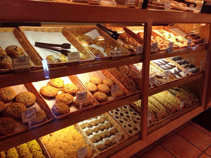 A treasure trove of freshly baked temptations lined up like soldiers of sweetness, ready for their morning mission.
