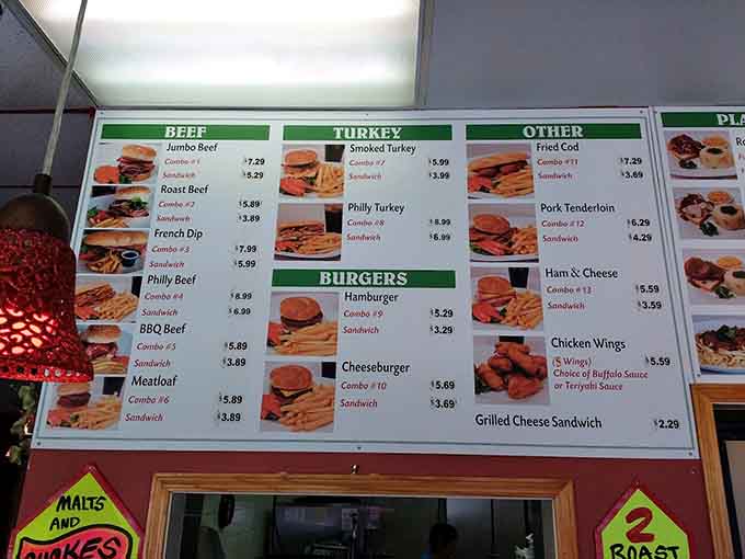 The menu board presents a delicious dilemma with options ranging from classic beef to surprising seafood.