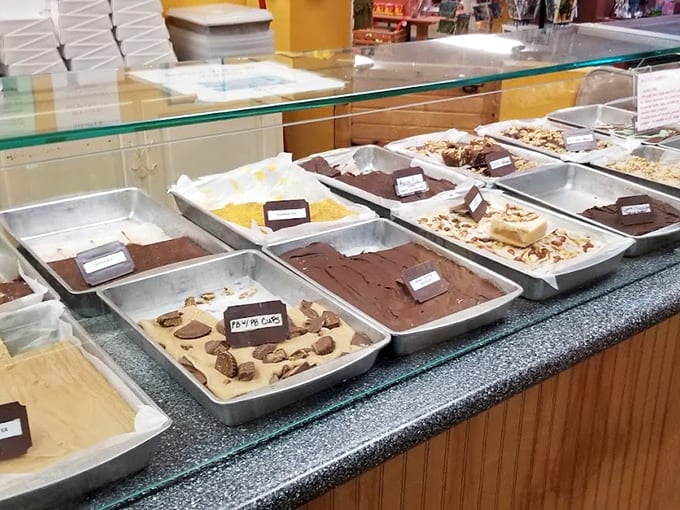 Behold the fudge display, where difficult decisions await and every labeled variety promises its own delicious journey into sugar heaven.