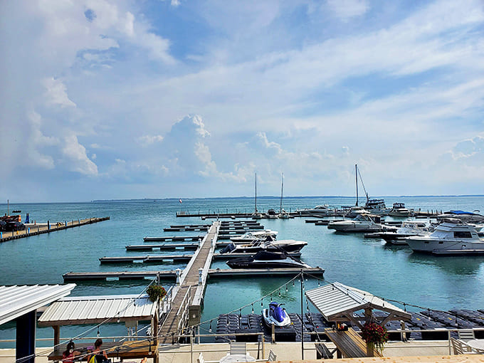 Marina views: Where boats gently bob like apples in water, their owners swapping tall tales and fishing spots over cold drinks.