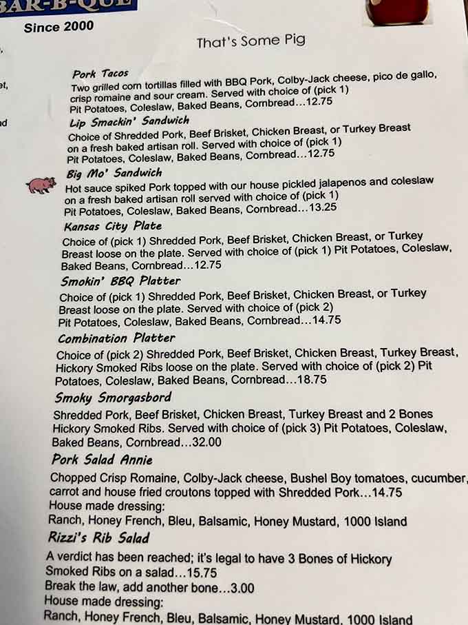 This menu reads like a love letter to smoked meats, offering everything from classic platters to creative twists on barbecue favorites.