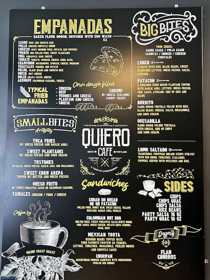 This menu board is basically a roadmap to happiness, offering everything from empanadas to smoothies that'll change your life.