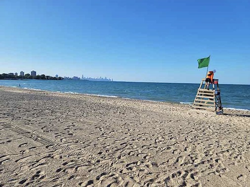 The lifeguard station stands ready, because someone needs to make sure all that enthusiasm for Lake Michigan doesn't get too enthusiastic.