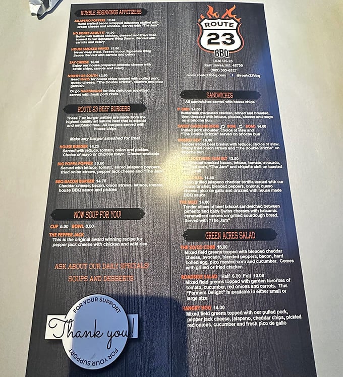 Menu: A roadmap to flavor country, Route 23's menu reads like poetry for carnivores, with each description promising smoky delights worth every calorie.