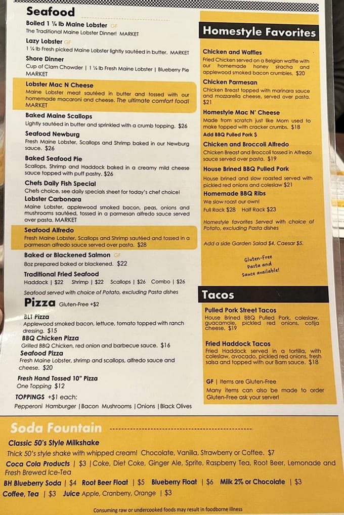 This menu offers everything from fresh Maine lobster to classic comfort food, all served with a side of nostalgia.