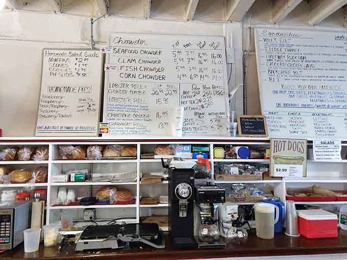 Handwritten menus bring that personal touch, listing everything from seafood chowder to lobster rolls with refreshing analog simplicity.