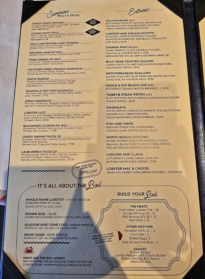 This menu reads like a love letter to the sea, offering everything from classic boils to creative tacos and rolls.