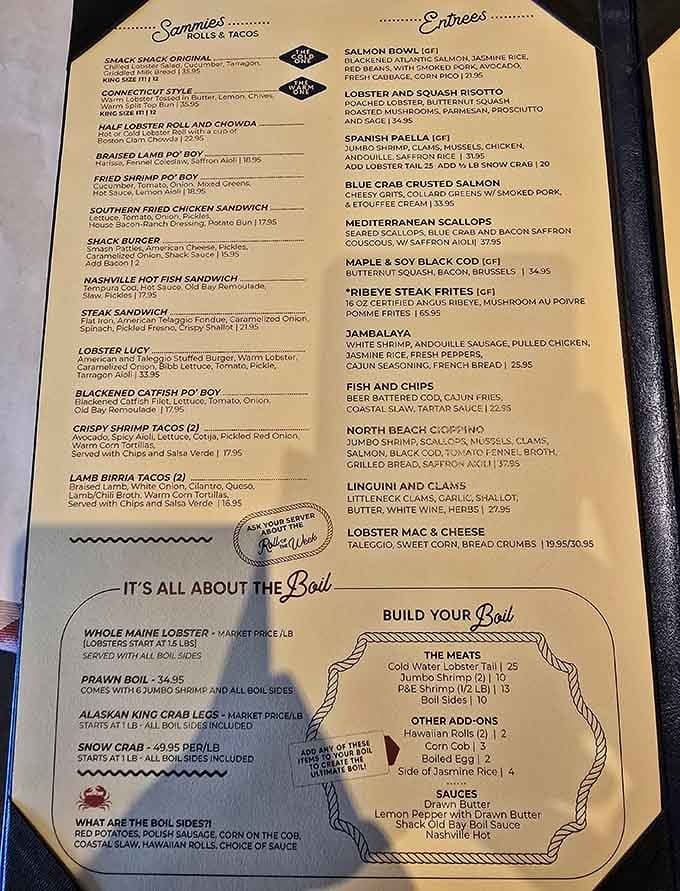 This menu reads like a love letter to the ocean, with options ranging from casual po' boys to elegant salmon.