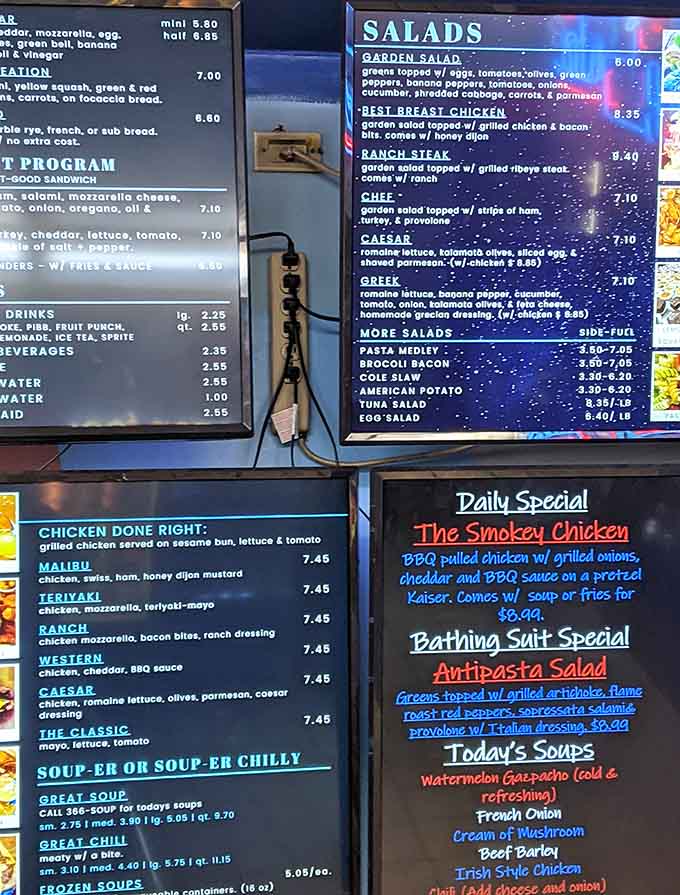 Those menu boards hold the secrets to sandwich happiness, displaying options that range from legendary Reubens to creative daily specials.