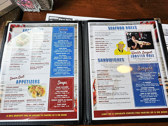 When the menu features a section called "World's Largest Lobster Roll," you know this place doesn't believe in false modesty or small portions.