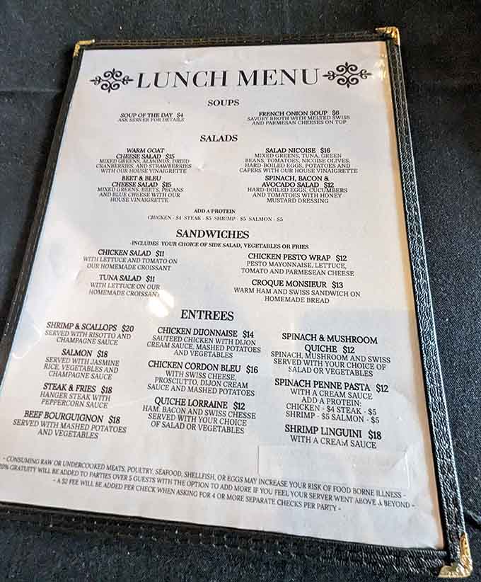 This menu reads like a love letter to French cuisine, offering everything from quiche to croissants that'll change your life.
