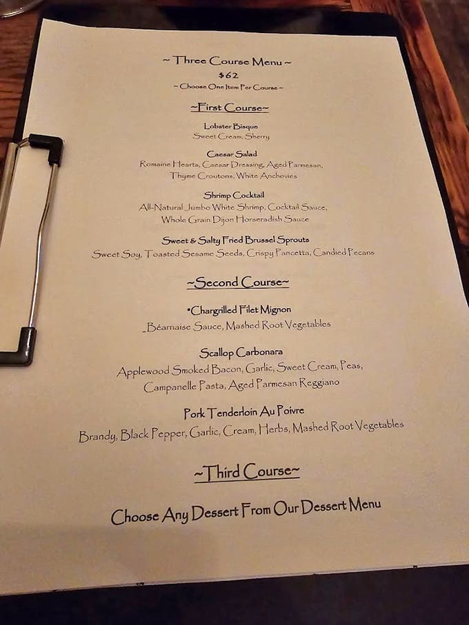 Three courses of pure possibility, where choosing between Lobster Bisque and Caesar Salad counts as a legitimate life decision.