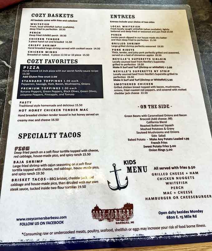 This menu proves you don't need fifty pages of options when you focus on doing seafood, burgers, and breakfast exceptionally well.