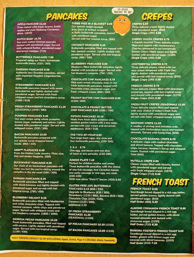 This menu reads like a love letter to breakfast, with pumpkin pancakes starring as the seasonal headliner.