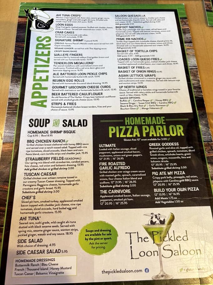 This menu reads like a love letter to comfort food, offering everything from prime rib to pizza perfection.