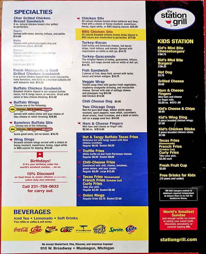 This menu reads like a greatest hits album of American comfort food, offering everything from volcanic wings to sweet chicken salad with enough variety to please any crowd.