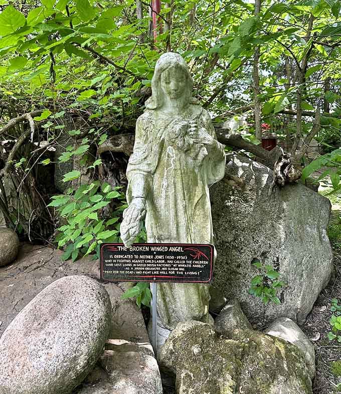 The Broken Winged Angel stands as a weathered tribute to Mother Jones, proving that even stone can capture the spirit of resilience and rebellion.