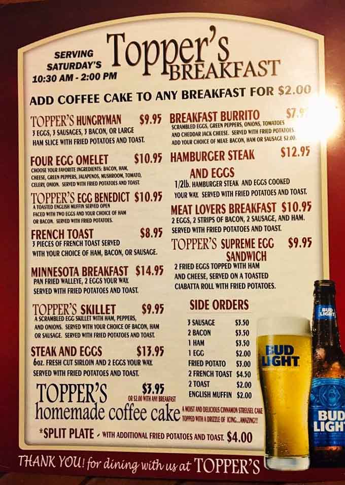 The breakfast menu at Topper's reads like a love letter to morning appetites, with options ranging from hearty to heartier.
