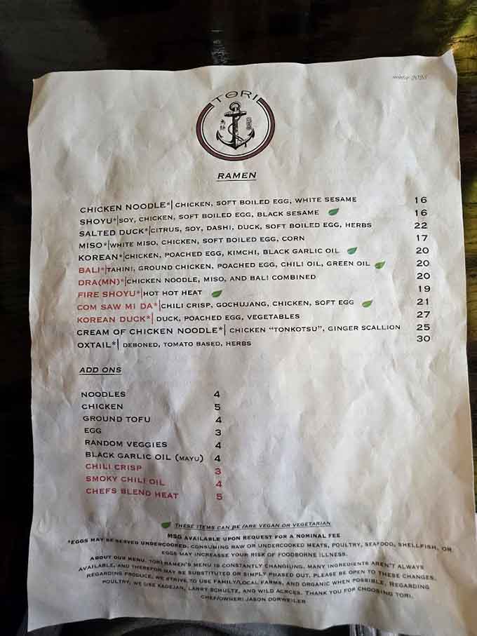 This menu reads like a love letter to ramen, offering everything from classic chicken noodle to adventurous Korean duck that'll make your taste buds dance.