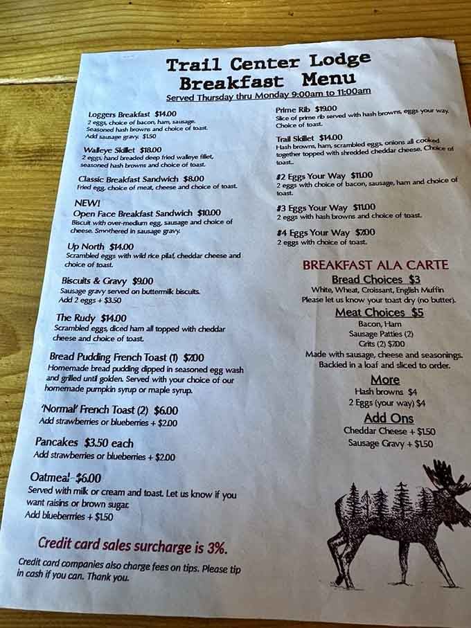 The breakfast menu alone could justify the trip, featuring everything from Loggers Breakfast to bread pudding French toast.