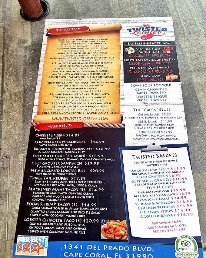The menu at The Twisted Lobster reads like a love letter to seafood enthusiasts, with unexpected treasures like "The App Trap" and those famous ribs hiding among the oceanic offerings.