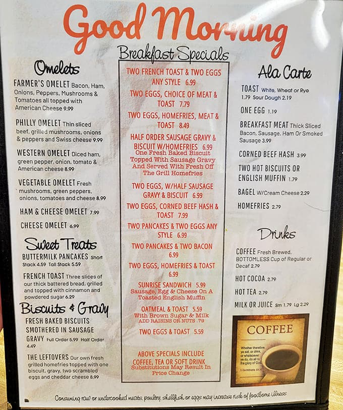 Breakfast decisions become deliciously difficult when faced with this tempting lineup of omelets, pancakes, and specials that promise to start your day right.