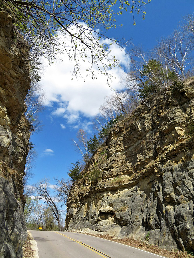A slice of sky: Looking up from the Mindoro Cut reveals a perfect ribbon of Wisconsin blue, framed by ancient rock.