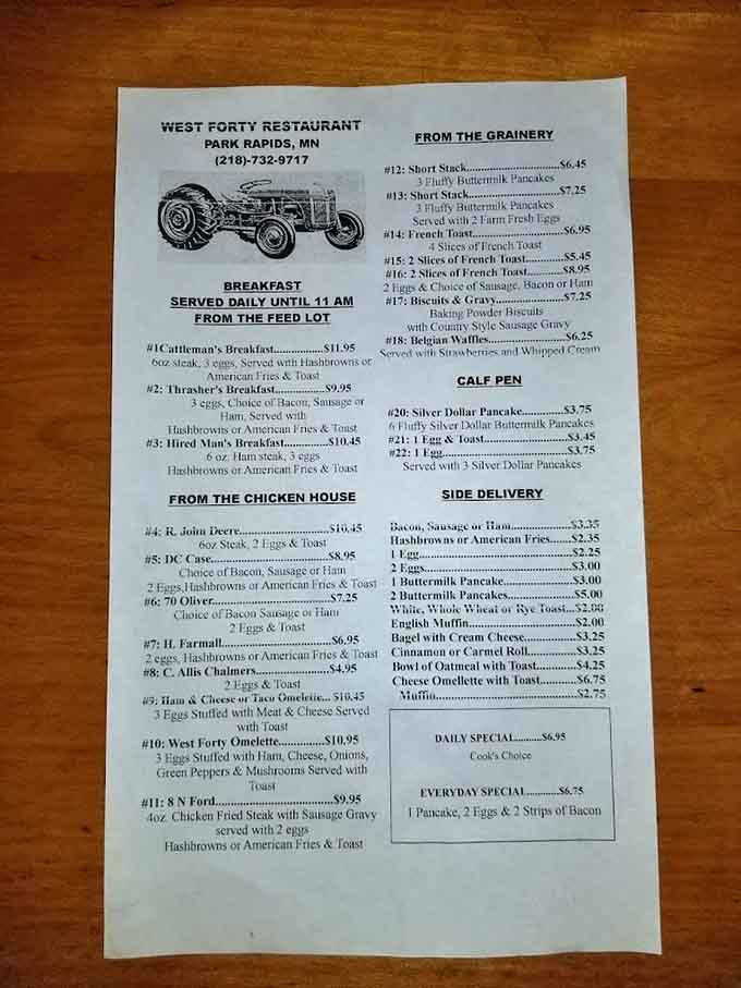 This menu reads like a love letter to classic American breakfast, with options named after farming traditions and portions sized for serious appetites.