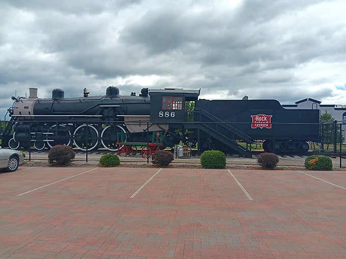 The Rock Island locomotive number 886 sits ready for its close-up, looking exactly like what every kid imagines when they hear "steam engine."